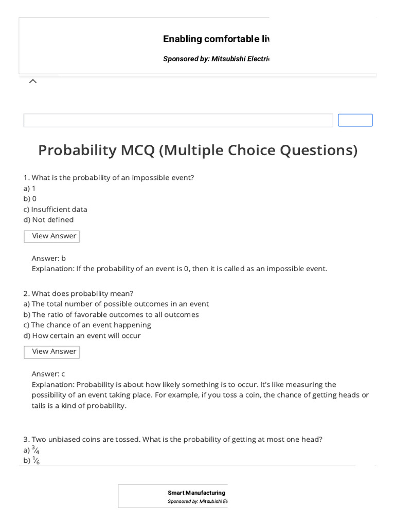 Probability MCQ (Multiple Choice Questions) - Sanfoundry | PDF ...