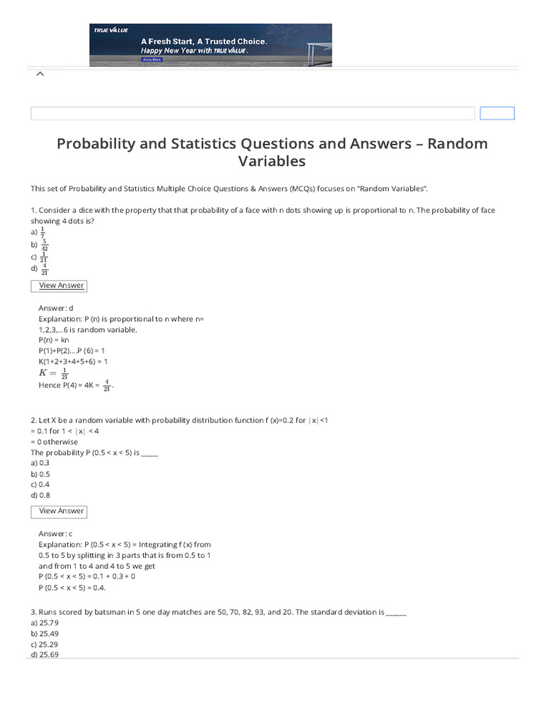 Random Variables Questions And Answers Sanfoundry Pdf Multiple Choice Applied Mathematics 