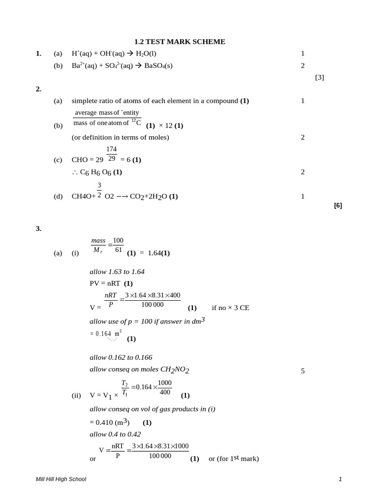 Chemistry Test Mark Scheme Overview | PDF | Mole (Unit) | Quantity