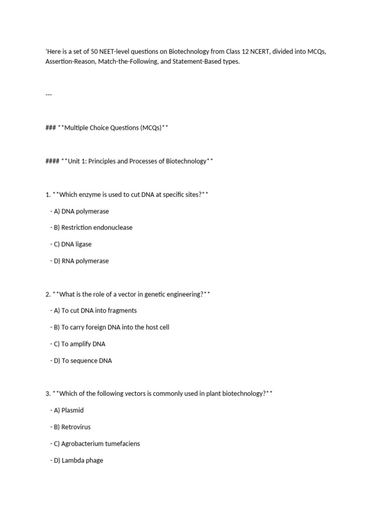 NEET Biotechnology Questions Set | PDF | Molecular Cloning | Genetic Engineering