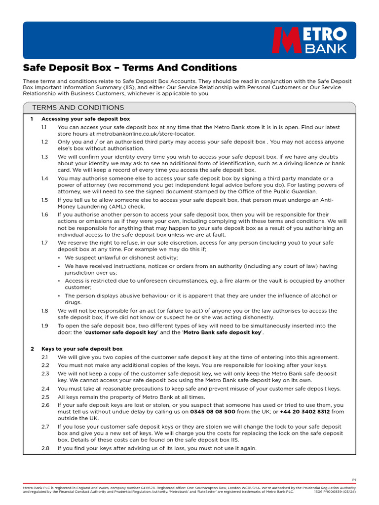 Safe Deposit Box Terms and Conditions | PDF | Deposit Account | Fee