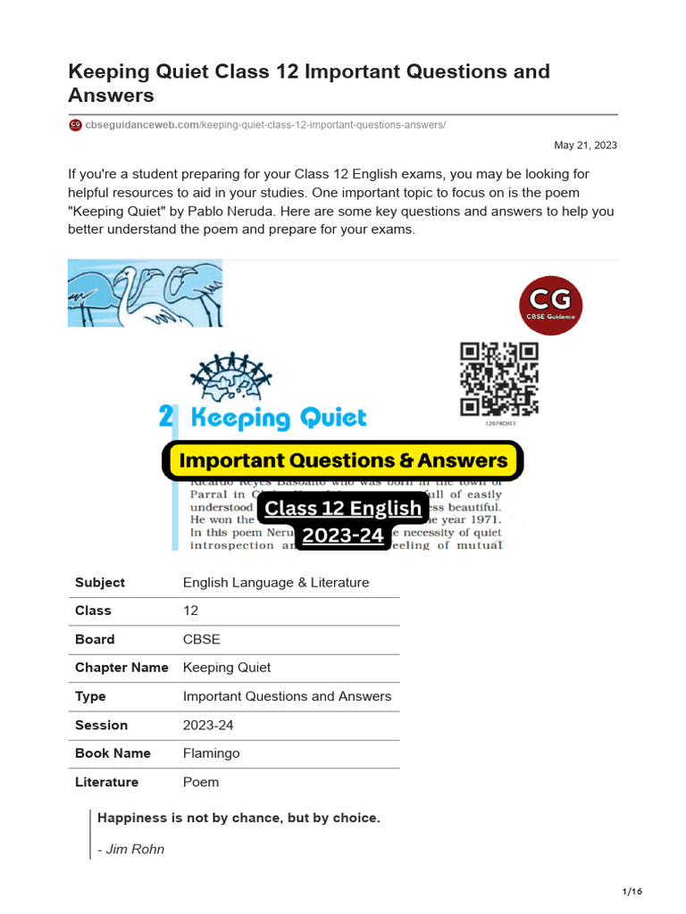 Keeping Quiet Class 12 Important Questions and Answers | PDF | Silence ...