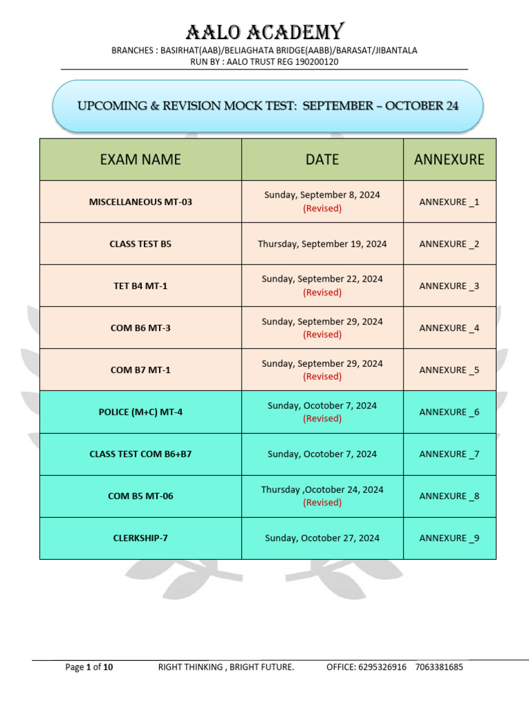 Upcoming & Revised Mock Test Month For September & October | PDF
