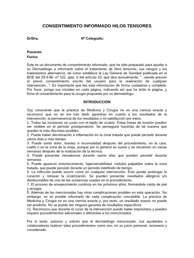 CONSENTIMIENTO INFORMADO HILOS TENSORES | PDF | Consentimiento informado | Medicina CLINICA