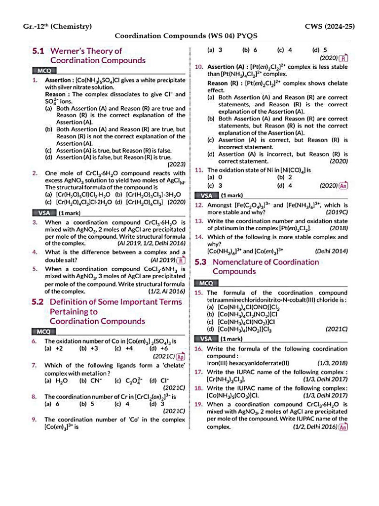 12th Chemistry (Ch.-5 Coordination Compounds PYQs | PDF