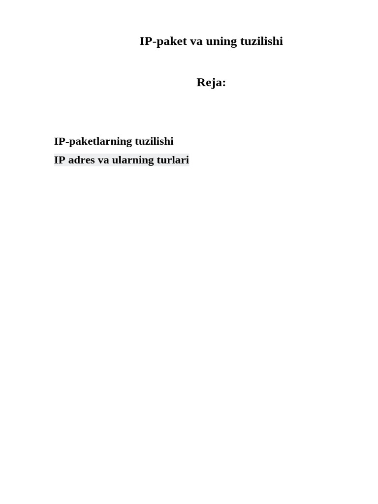 Ip Paket Va Uning Tuzilishi Reja Ip Paketlarning Tuzilishi Ip A | PDF
