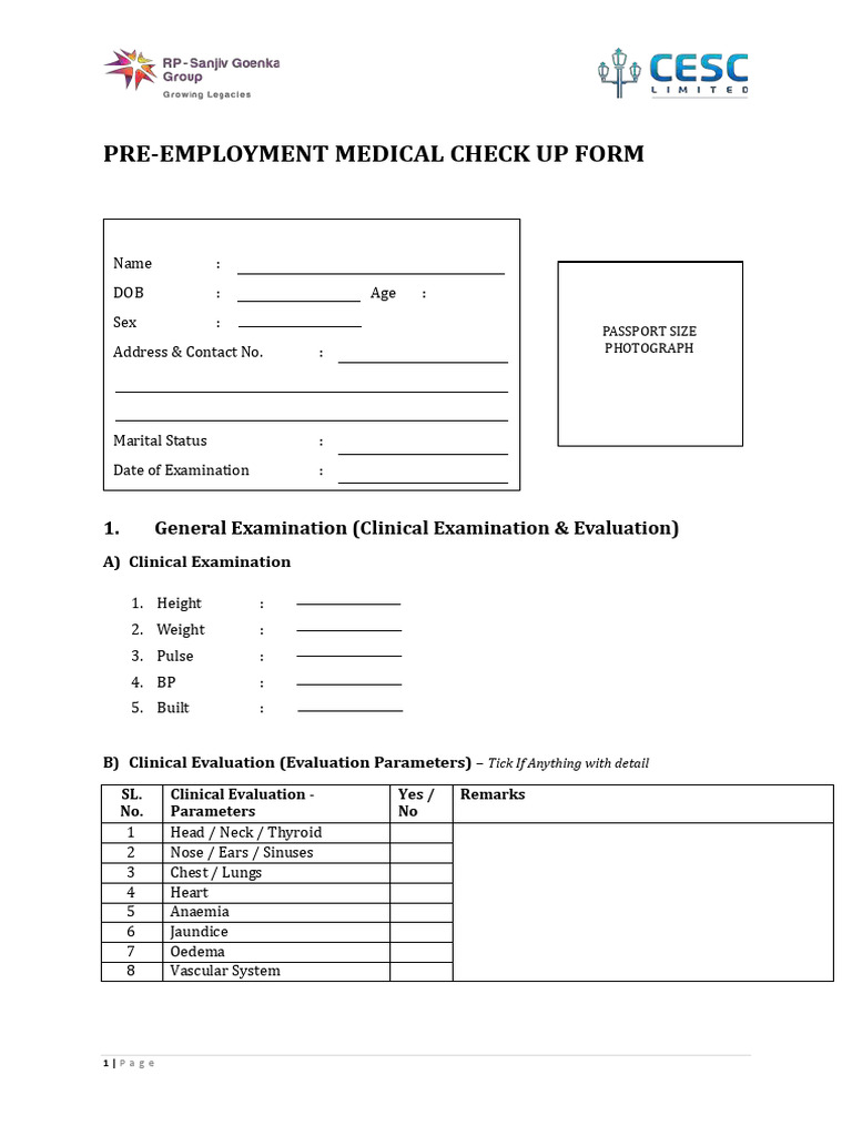 Pre Employment Medical Check Up Format | PDF | Physical Examination | Edema