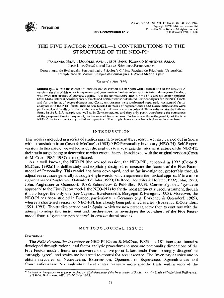 The Five Factor Model-I. Contributions To The Structure of The Neo-Pi ...