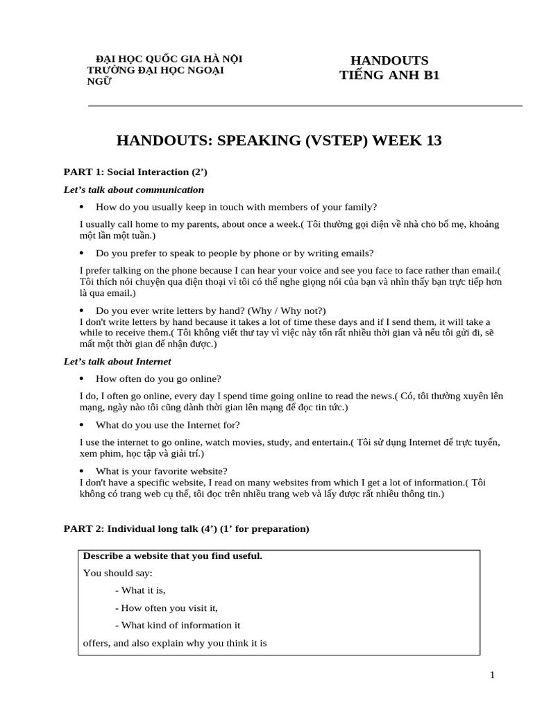 B1 - Handout 13 - Speaking | PDF