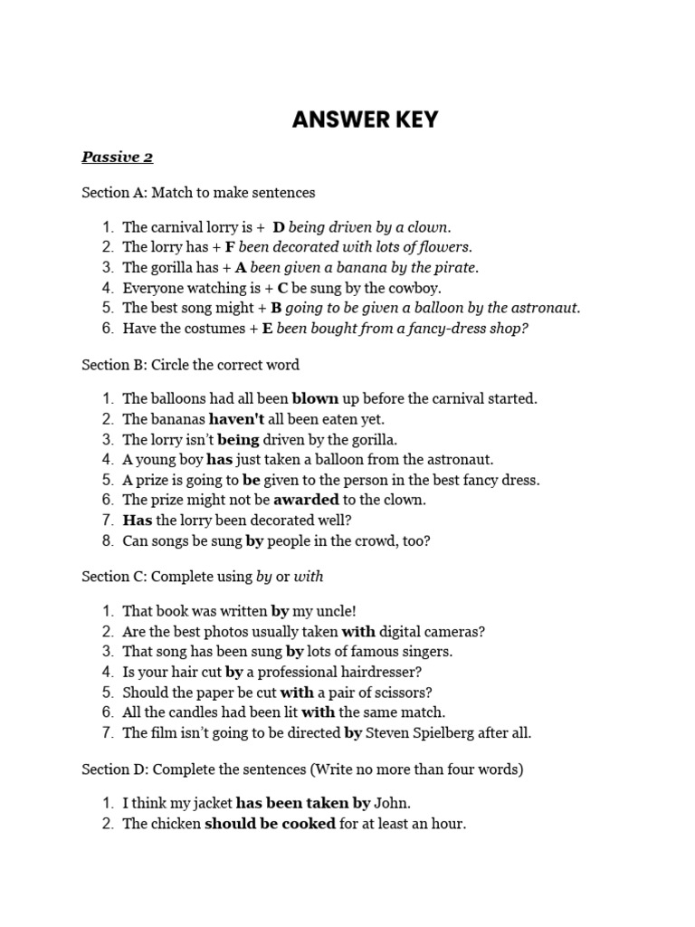 Answer Key. Day 29 Passive Voice 2 | PDF