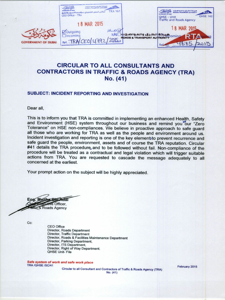 Circular 41 (Replaced No.18) Incident Reporting and Investigation | PDF
