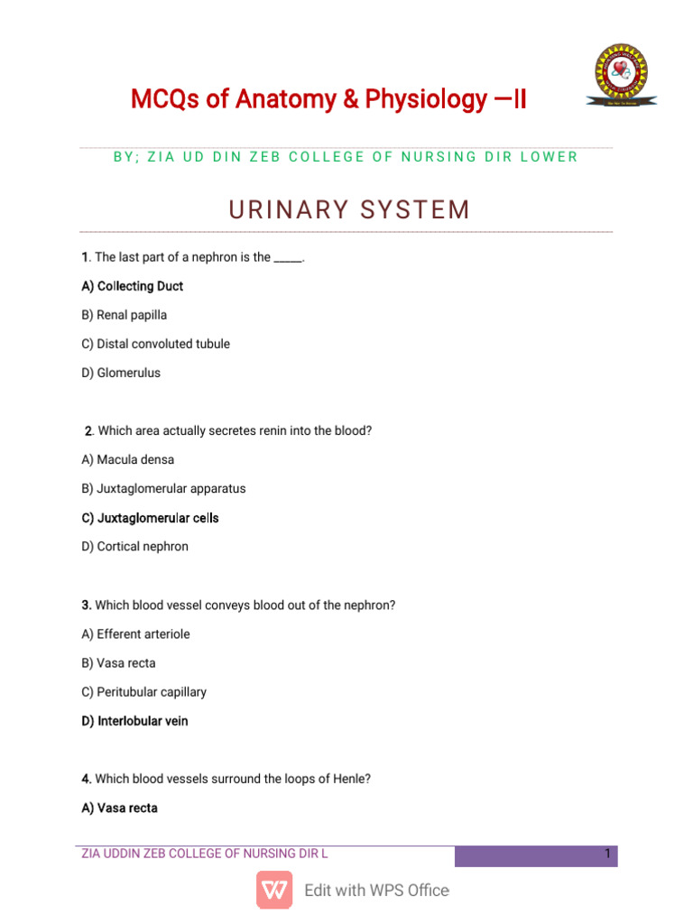 110 MCQs On Urinary System | PDF | Kidney | Genitourinary System