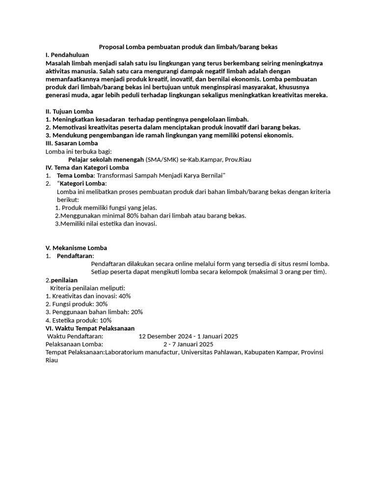 Proposal Lomba Pembuatan Produk Limbah Dan Barang Bekas 1 | PDF