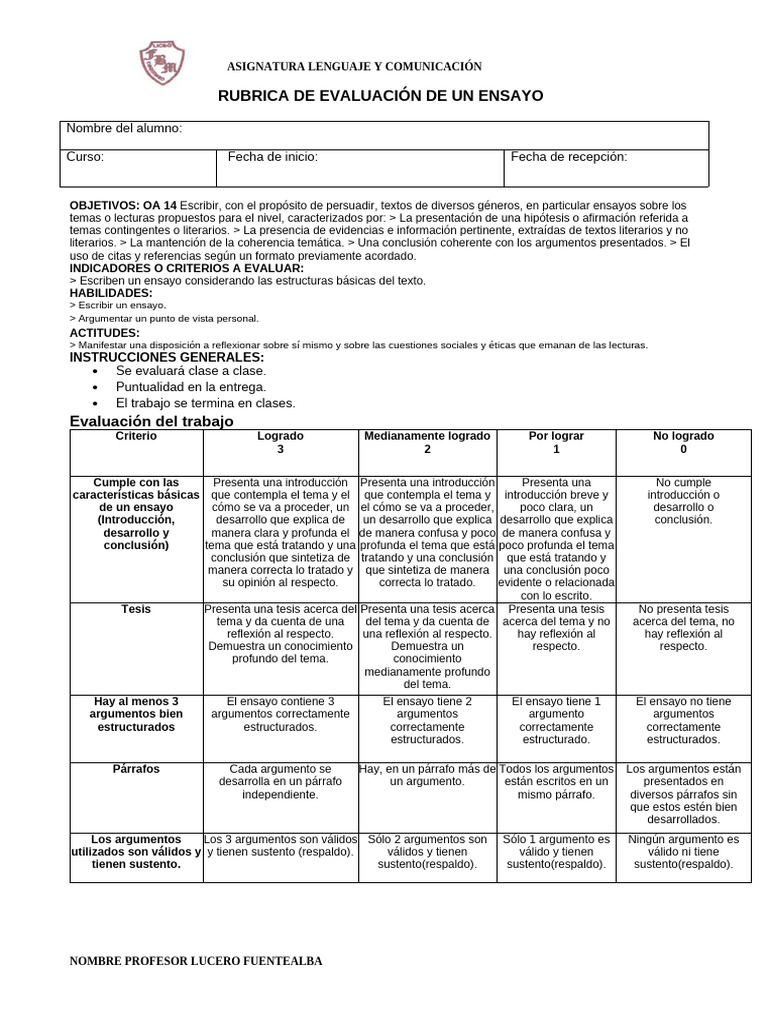 Rúbrica de Evaluación para Ensayos | PDF | Ensayos | Argumento