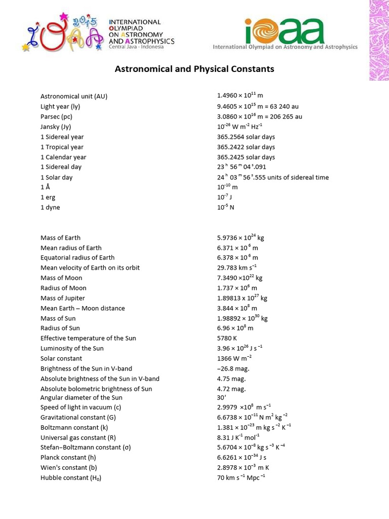 9th IOAA Constants Table 20150729 | PDF | Astronomical Unit | Sun