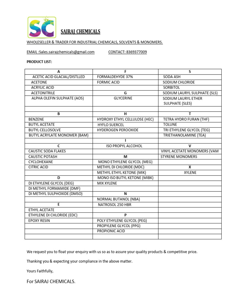 SAIRAJ CHEMICALS -PRODUCT LIST | PDF | Acetic Acid | Ethylene