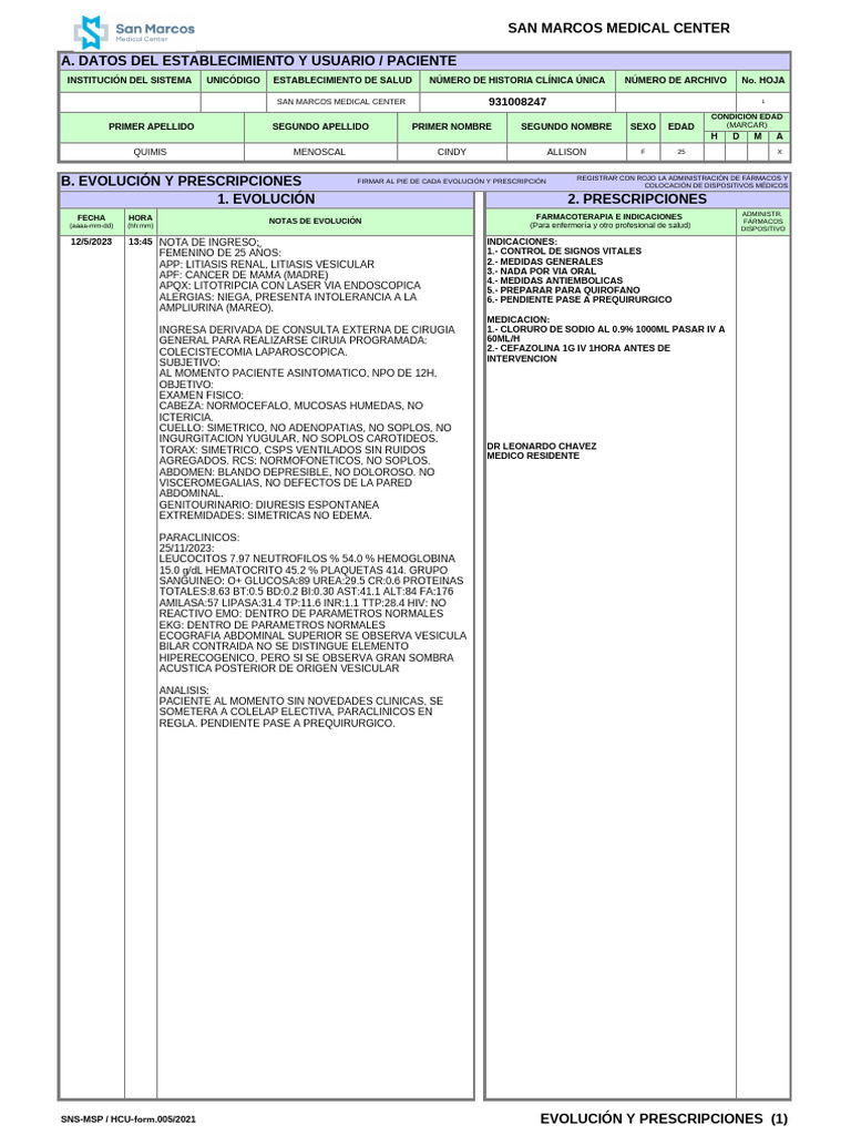 SG5 - Quimis Menoscal - Colelap - Nota de Ingreso | PDF ...