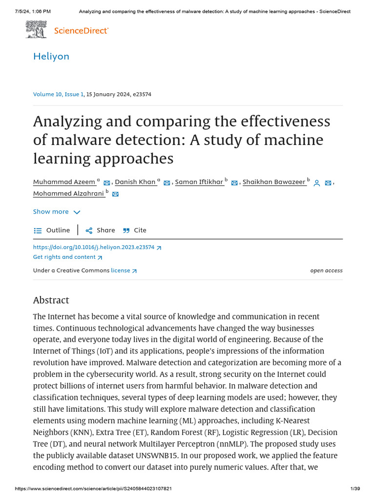 Analyzing and comparing the effectiveness of malware detection_ A study of machine learning ...