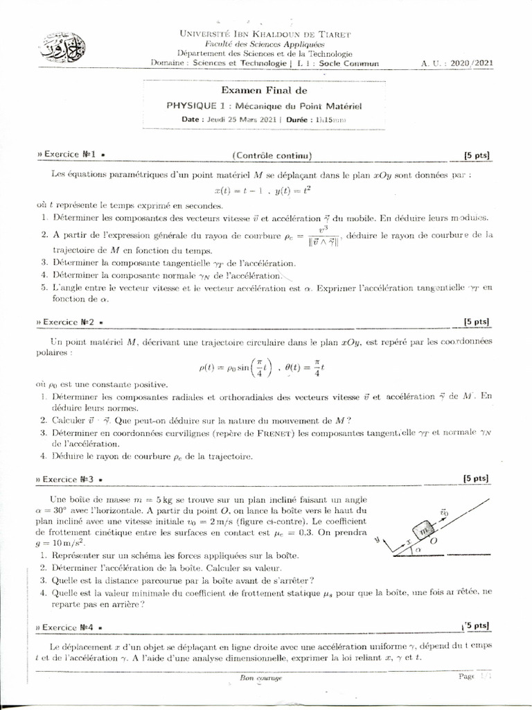 Examen1 Physique1 2021 Tiaret | PDF