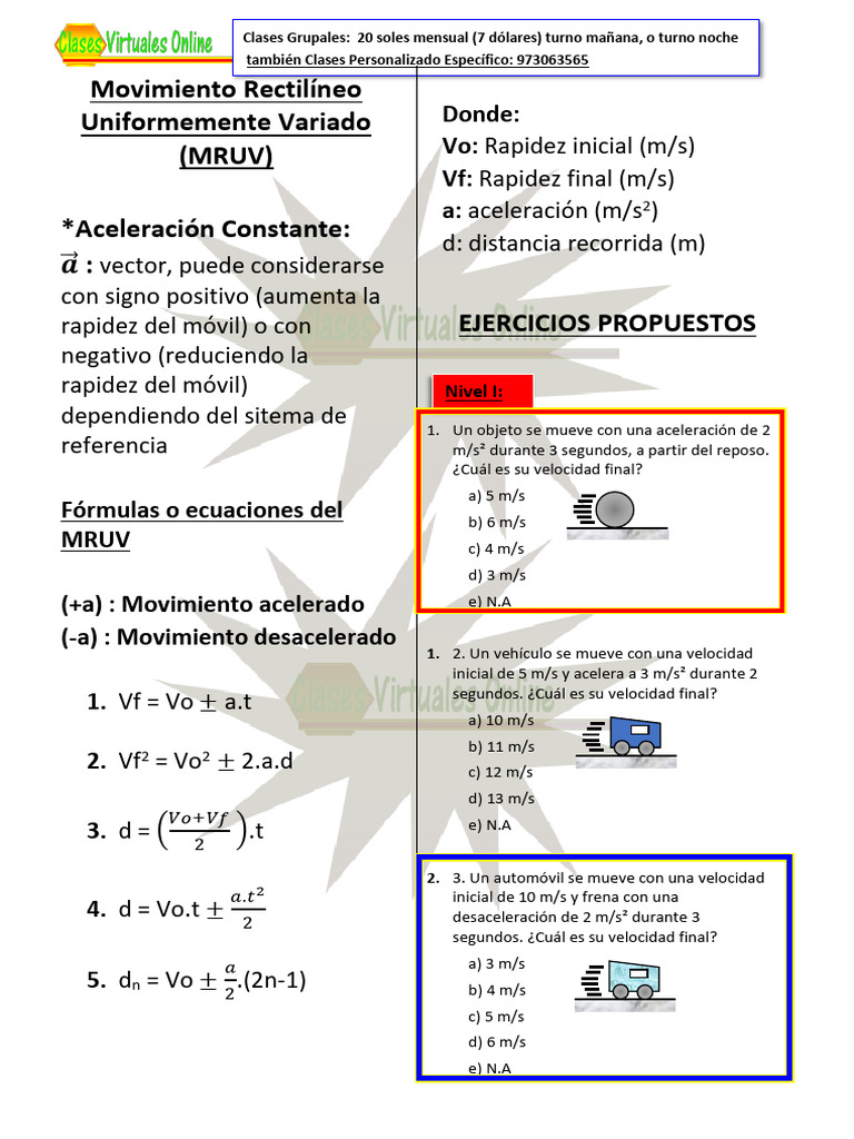 Movimiento Rectilíneo Uniformemente Variado MRUV Clases Virtuales Online | PDF | Aceleración ...