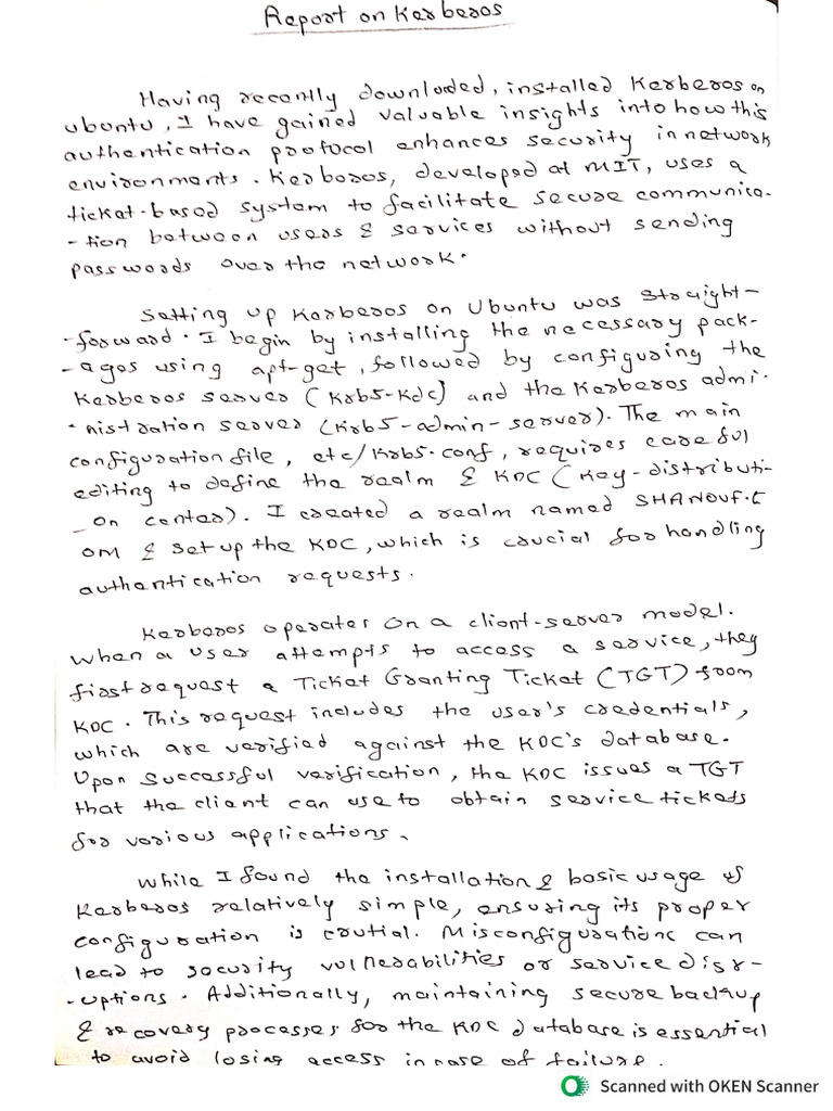 Handwritten Report On Kerberos | PDF