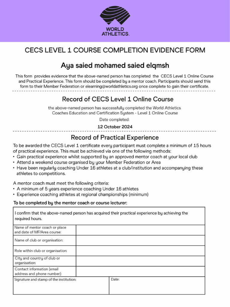 CECS Level 1 Course Completion Evidence Form 1 | PDF CECS Level 1 Course Completion Evidence Form 1 | PDF