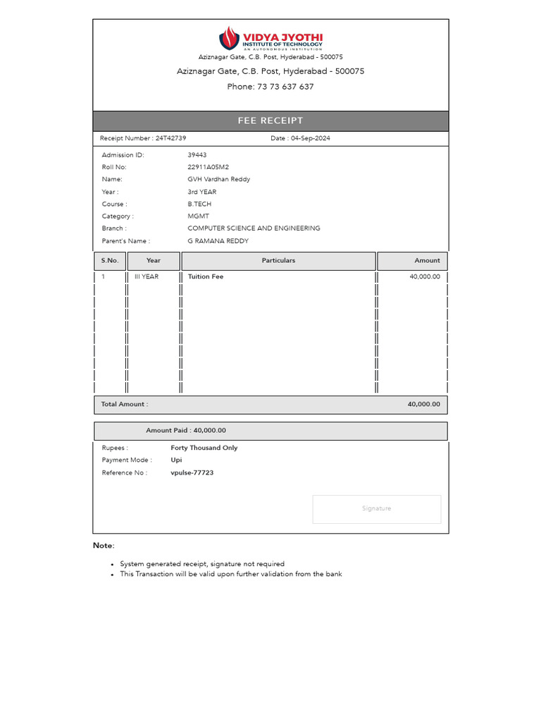 B.Tech Fee Receipt for GVH Vardhan Reddy | PDF