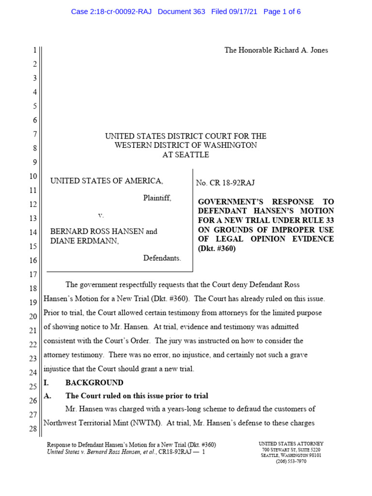 Hansen gov opposition to motion for new trial for improper admission of ... Hansen gov opposition to motion for new trial for improper admission of ...