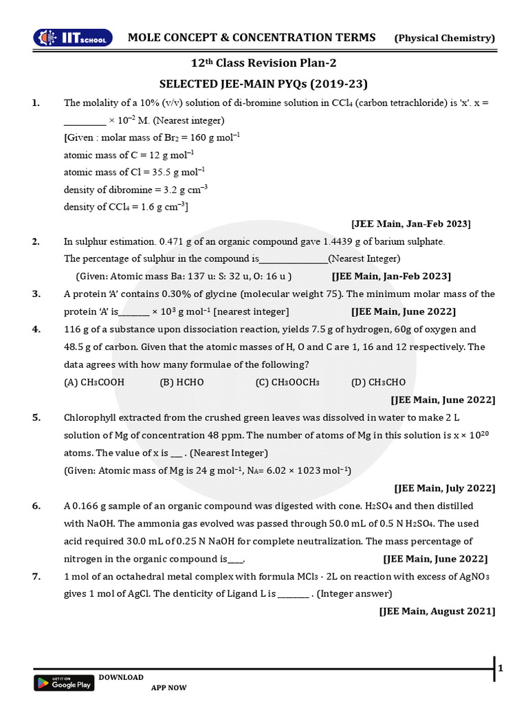Revision Sheet 01 Mole Concept And Concentration Terms Pages Deleted Pdf Mole Unit
