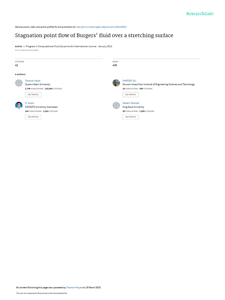 Stagnation Point Flow of Burgers Fluid Over A STR | PDF | Fluid Dynamics | Classical Mechanics