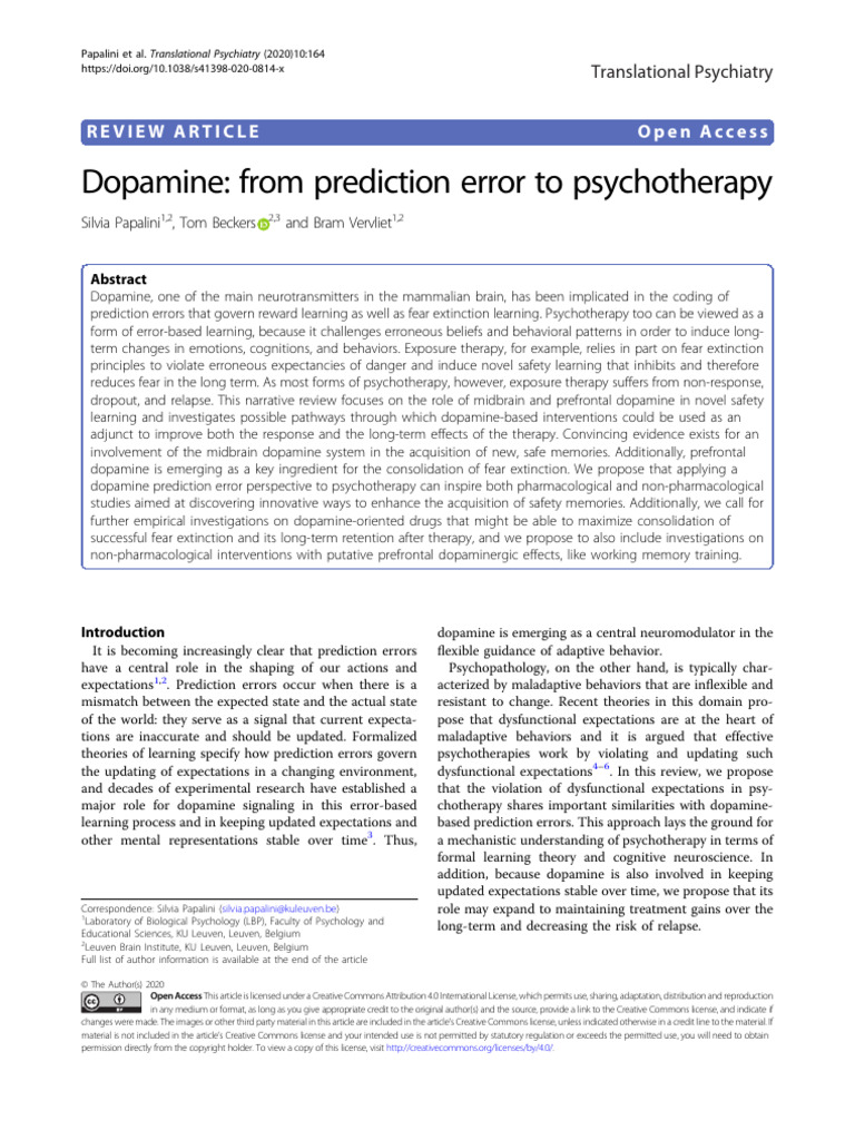 Dopamine From Prediction Error To Psychotherapy | PDF | Reward System | Dopamine