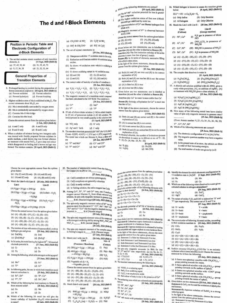 D and F Block Chemistry 5 Year Pyq | PDF