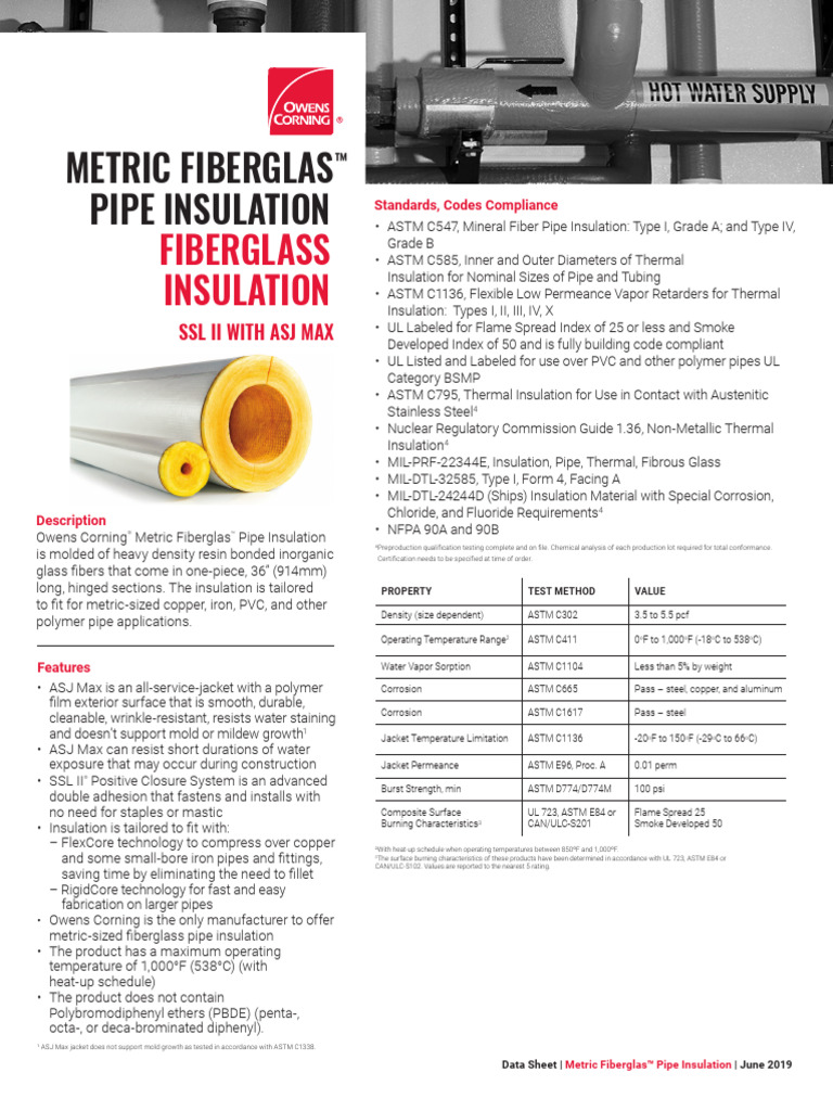 Metric Fiberglas Pipe Insulation Data Sheet | PDF | Fiberglass ...