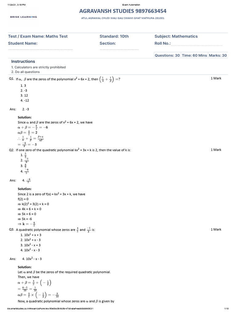 Quadratic Polynomial Zeros Exam Guide | PDF | Zero Of A Function ...