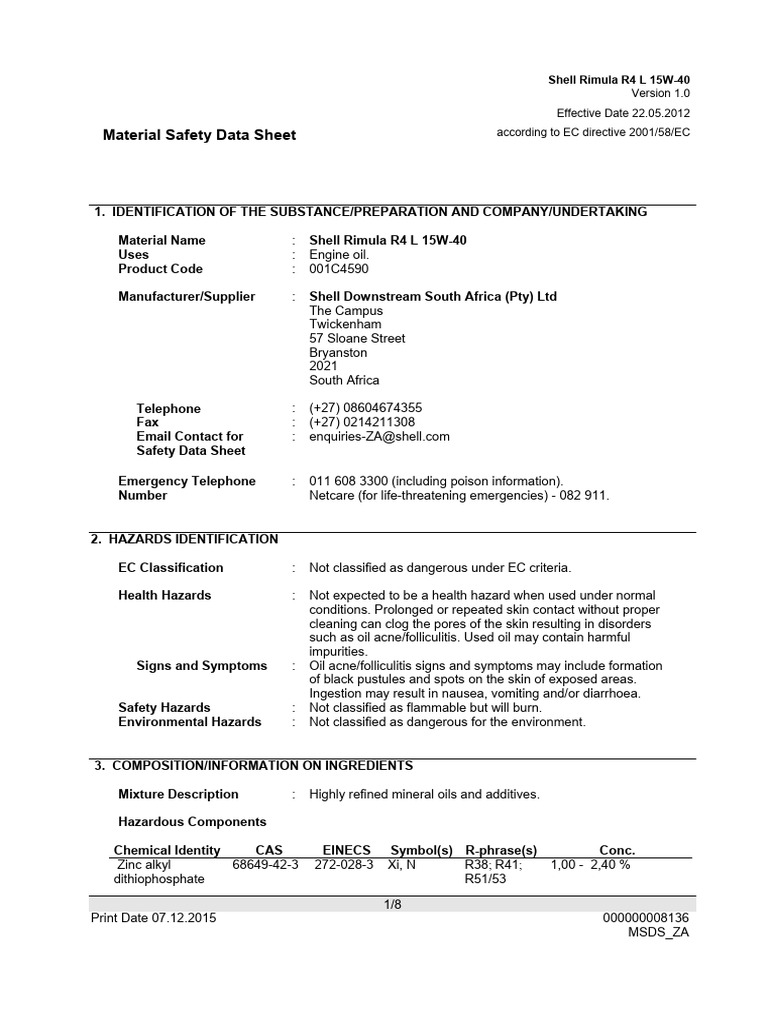 Shell Rimula R4 L 15W-40 MSDS | PDF | Toxicity | Occupational Safety ...