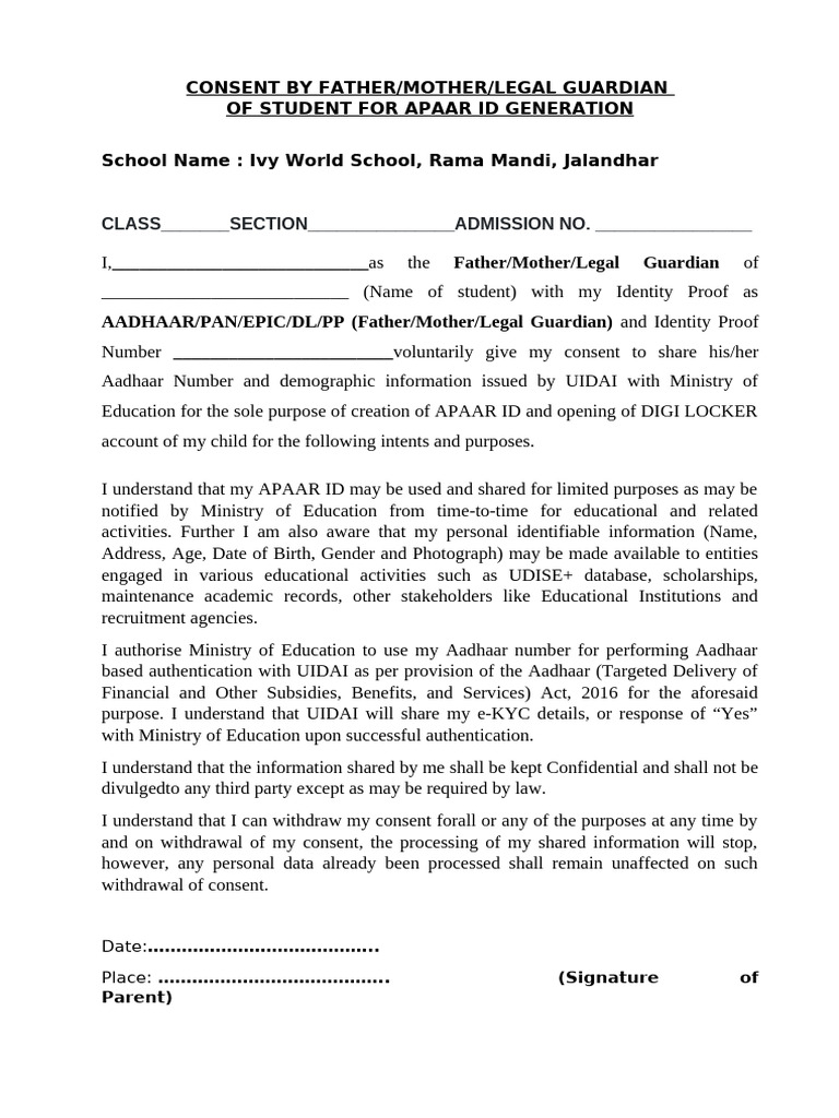 Parental Consent for APAAR ID | PDF