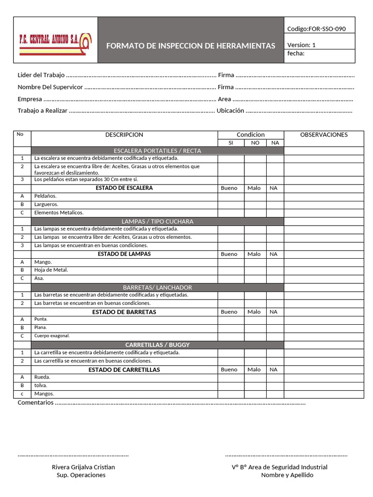 FORMATO DE INSPECCION DE HERRAMIENTAS | PDF | Escalera FORMATO DE INSPECCION DE HERRAMIENTAS | PDF | Escalera