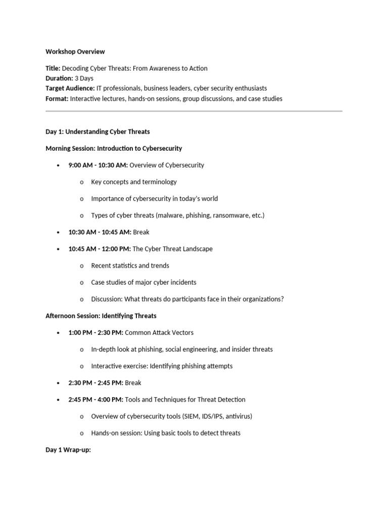 A Three day plan on Decoding Cyber Threads-from awareness to action | PDF | Security | Computer ...