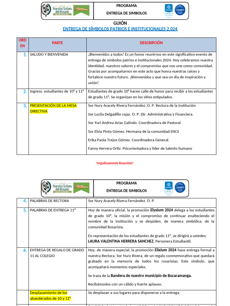 Programa Entrega de Simbolos 2024 | PDF | Amor