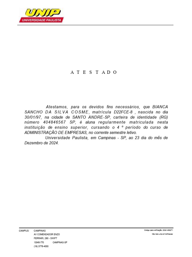 Atestado de Matrícula - Bianca Cosme | PDF