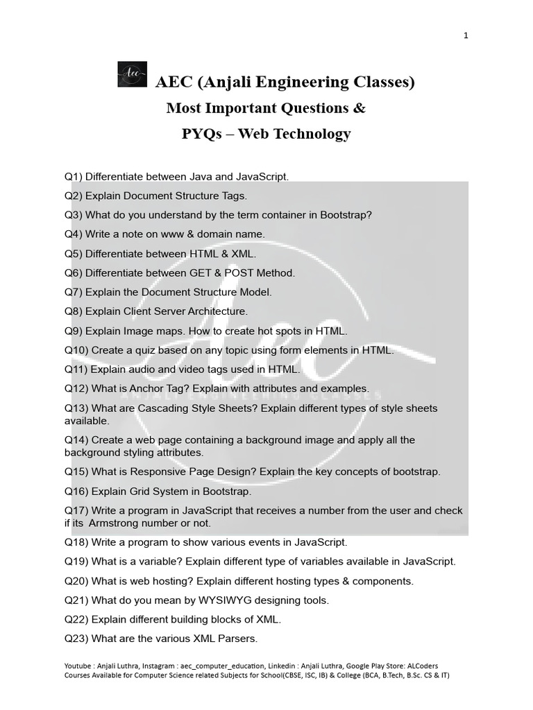 Question Bank Theory WT | PDF | Html Element | Xml