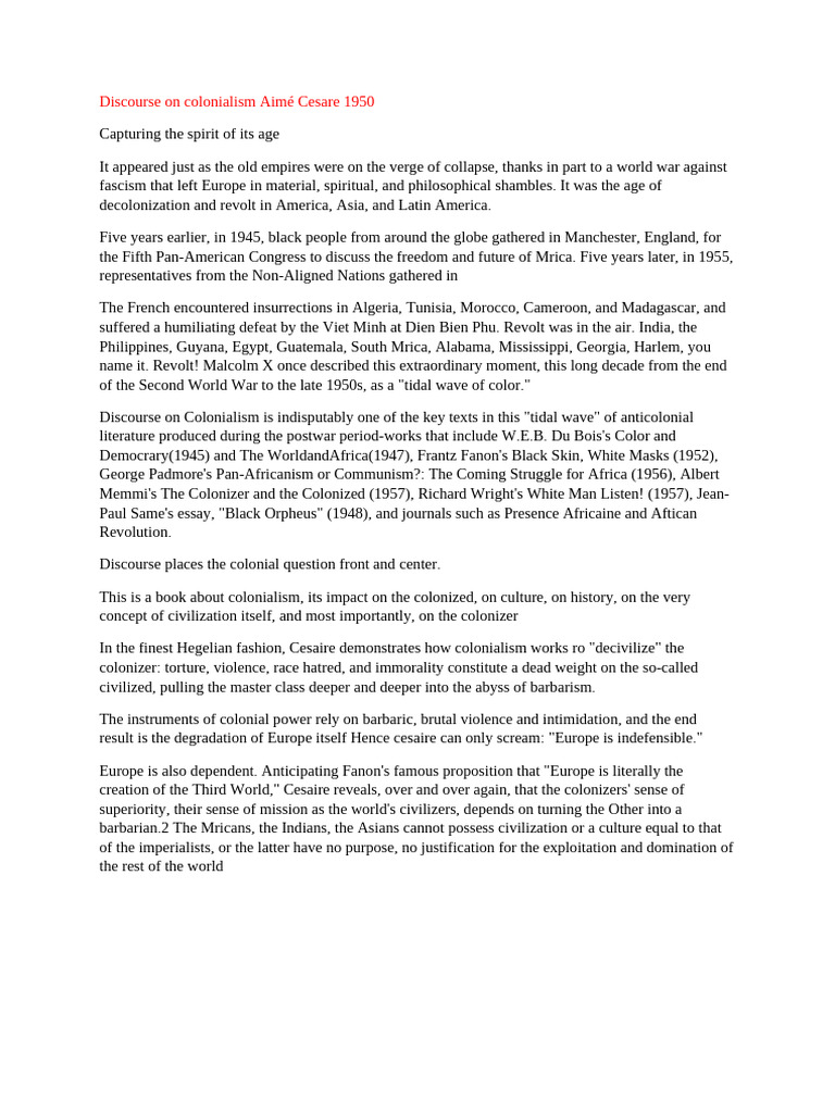 Discourse On Colonialism Aimé Cesare 1950 | PDF | Decolonization ...