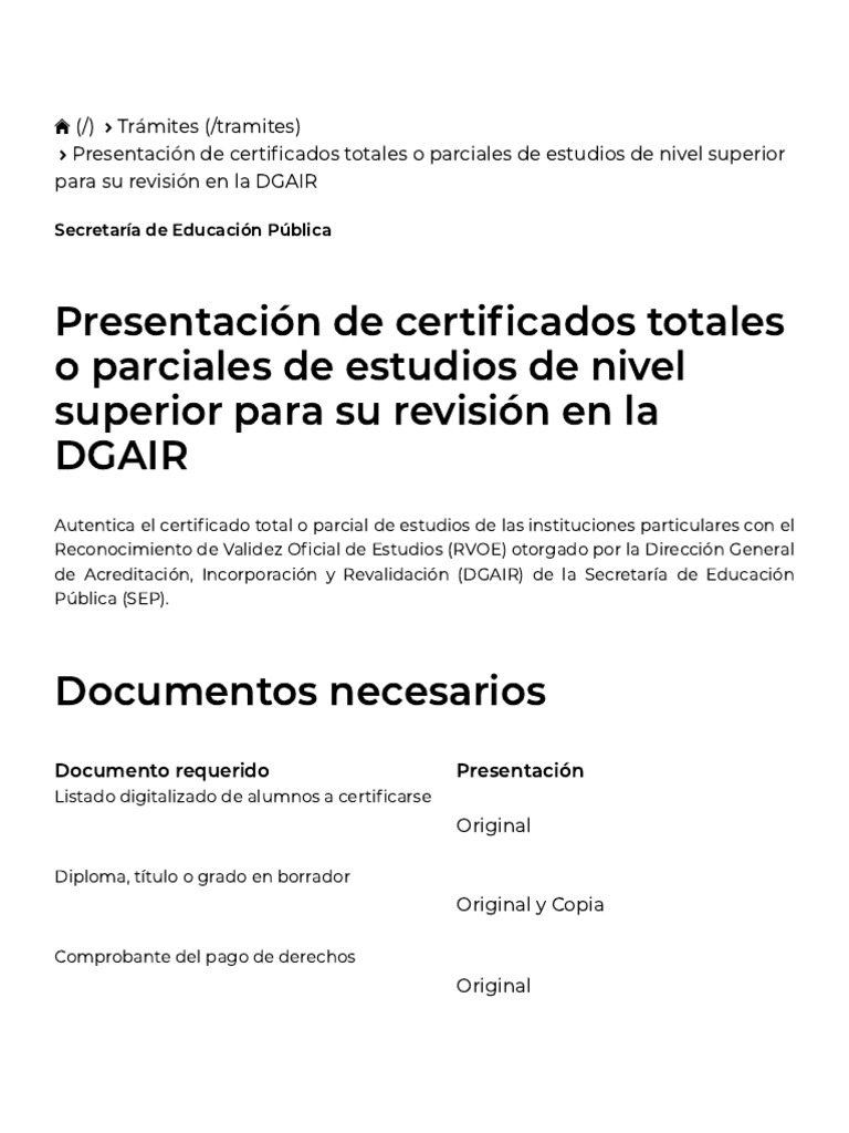 Presentación de Certificados Totales o Parciales de Estudios - Gob - MX ...