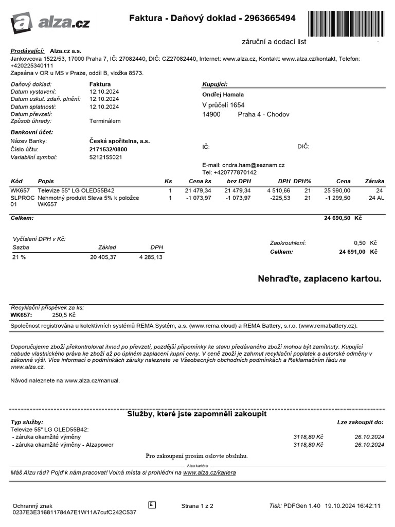 Faktura - Daňový Doklad - 2963665494: Záruční A Dodací List | PDF