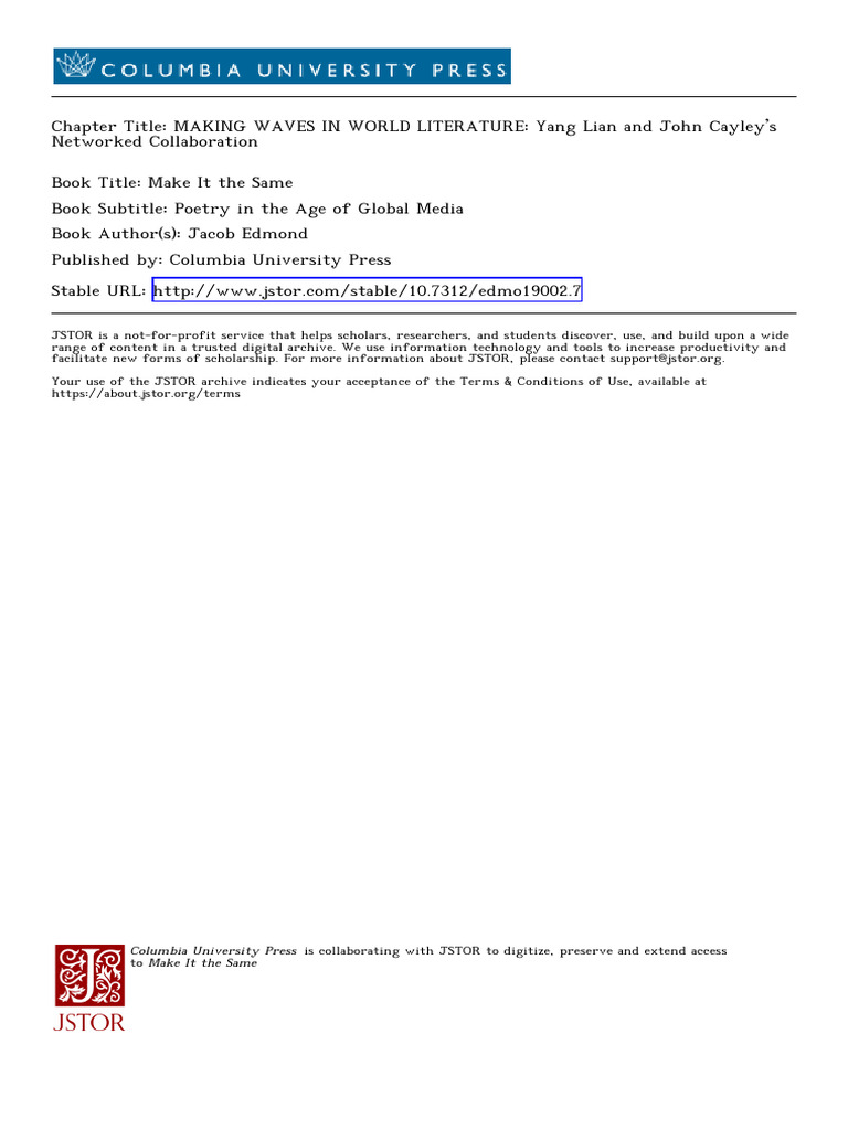 EDMOND Making Waves in World Literature - Yang Lian and John Cayley's Networked Collaboration ...