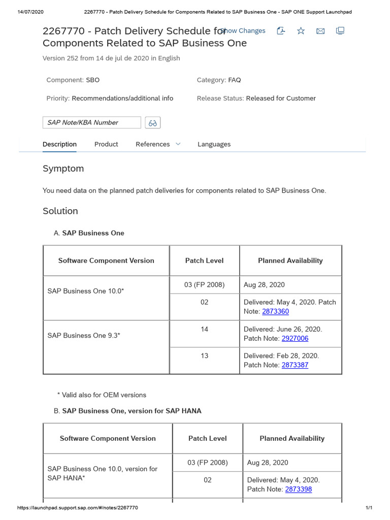 Patch Delivery Schedule For Components Related To SAP Business One ...