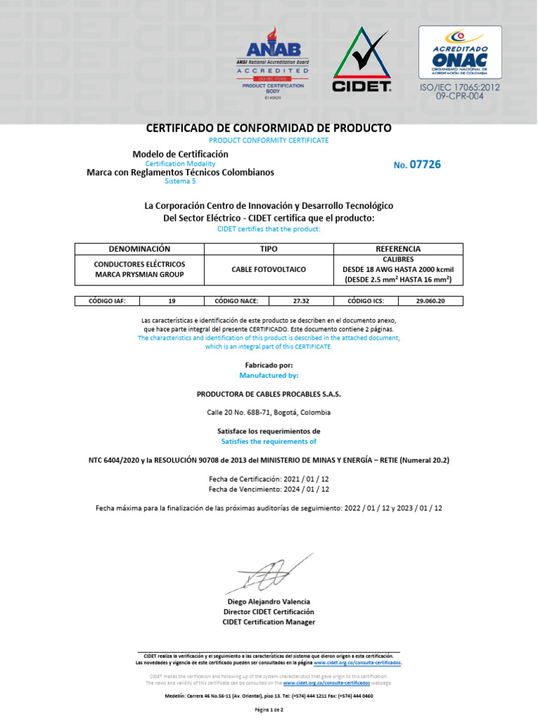 5.Certificados Cable DC | PDF | Ciencias fisicas | Electromagnetismo