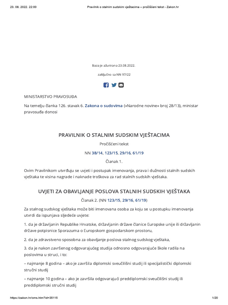 Pravilnik o Stalnim Sudskim Vještacima NN 38 14 123 15 29 16 61 19 | PDF