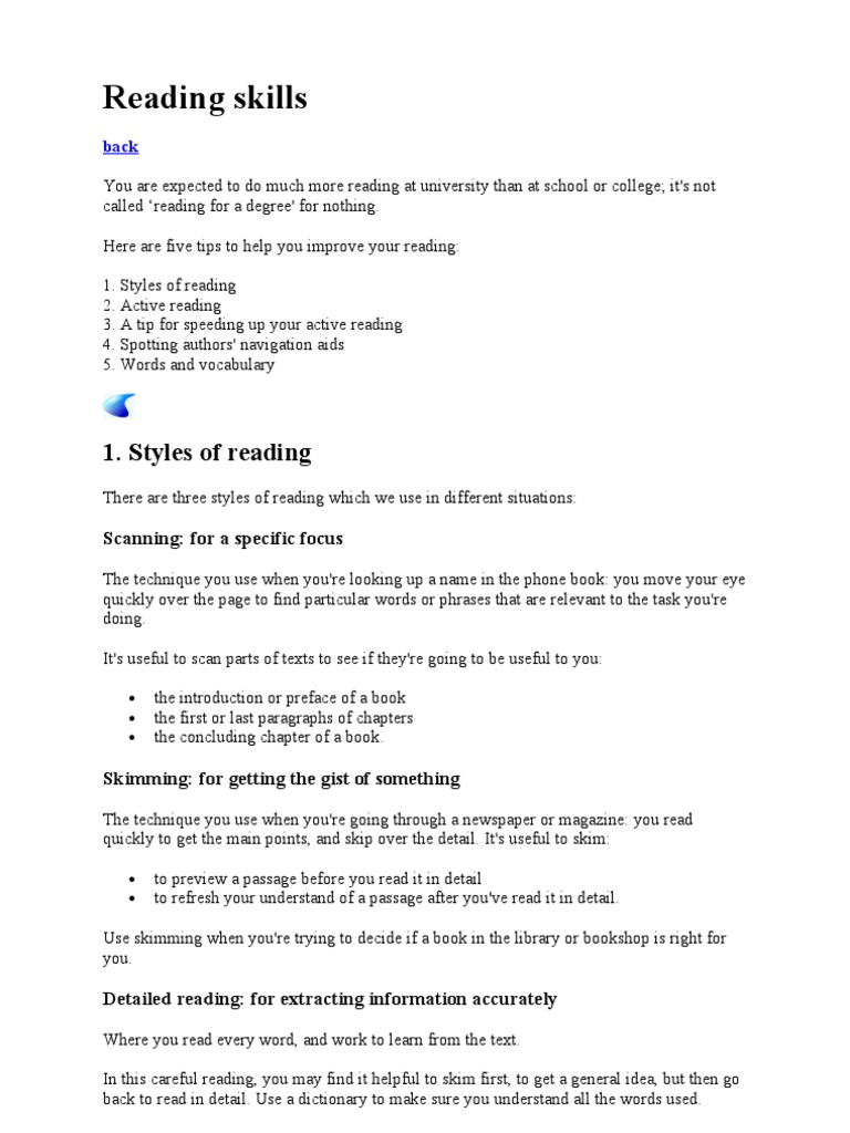 Reading Skills | PDF | Reading Comprehension | Speed Reading
