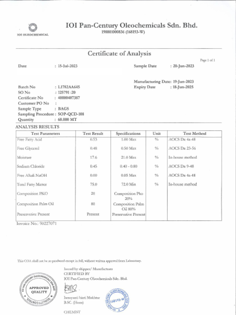 Coa Soap Noodles 8020 TFM 72% - Ioi Specs | PDF